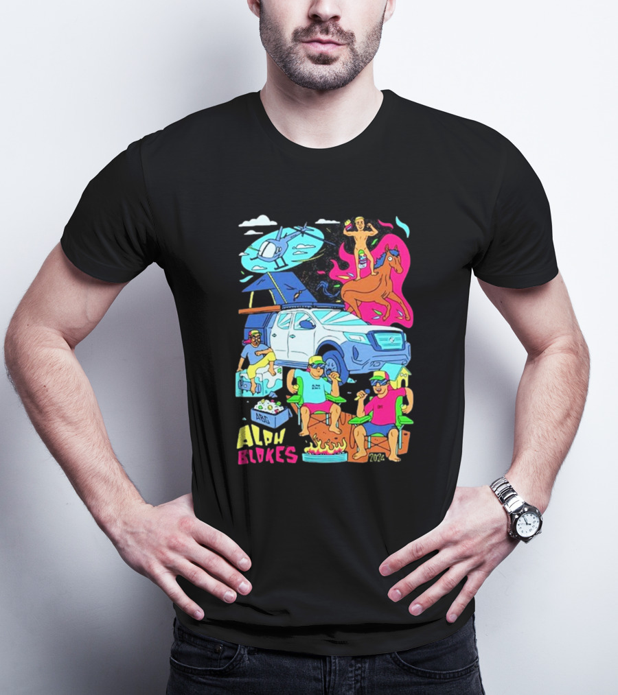 Alpha Blokes Podcast Cartoon Adventure Helicopter Beer Camping Fire T-Shirt