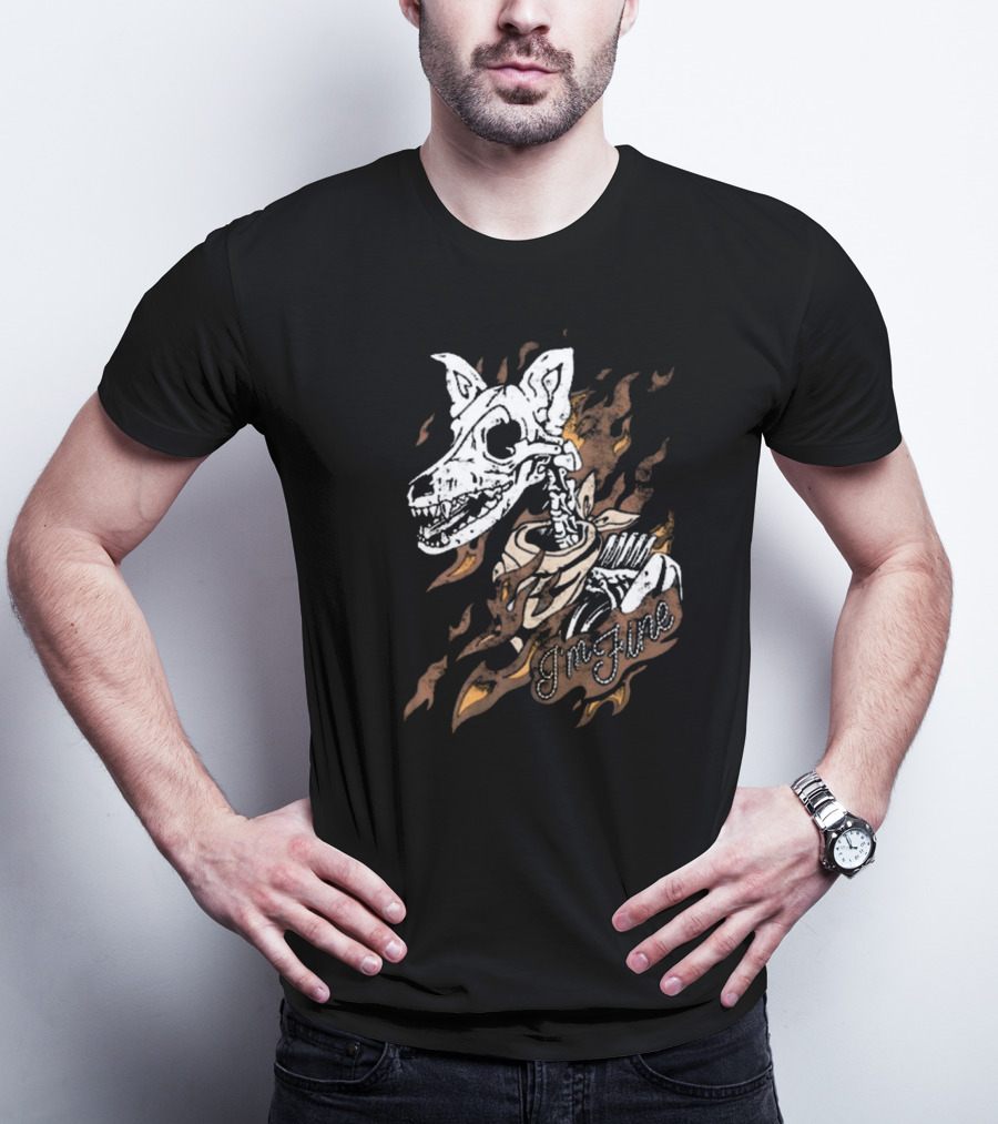 Ew Otto By Kris I’m Fine Skeleton Dog With Flames Vintage T-Shirt
