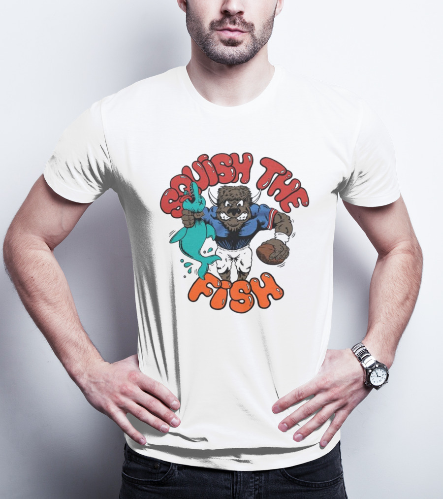 Buffalo Bills NFL Squish The Fish Vintage Rivalry Graphic Featuring Cartoon Football Player And Fish T-Shirt