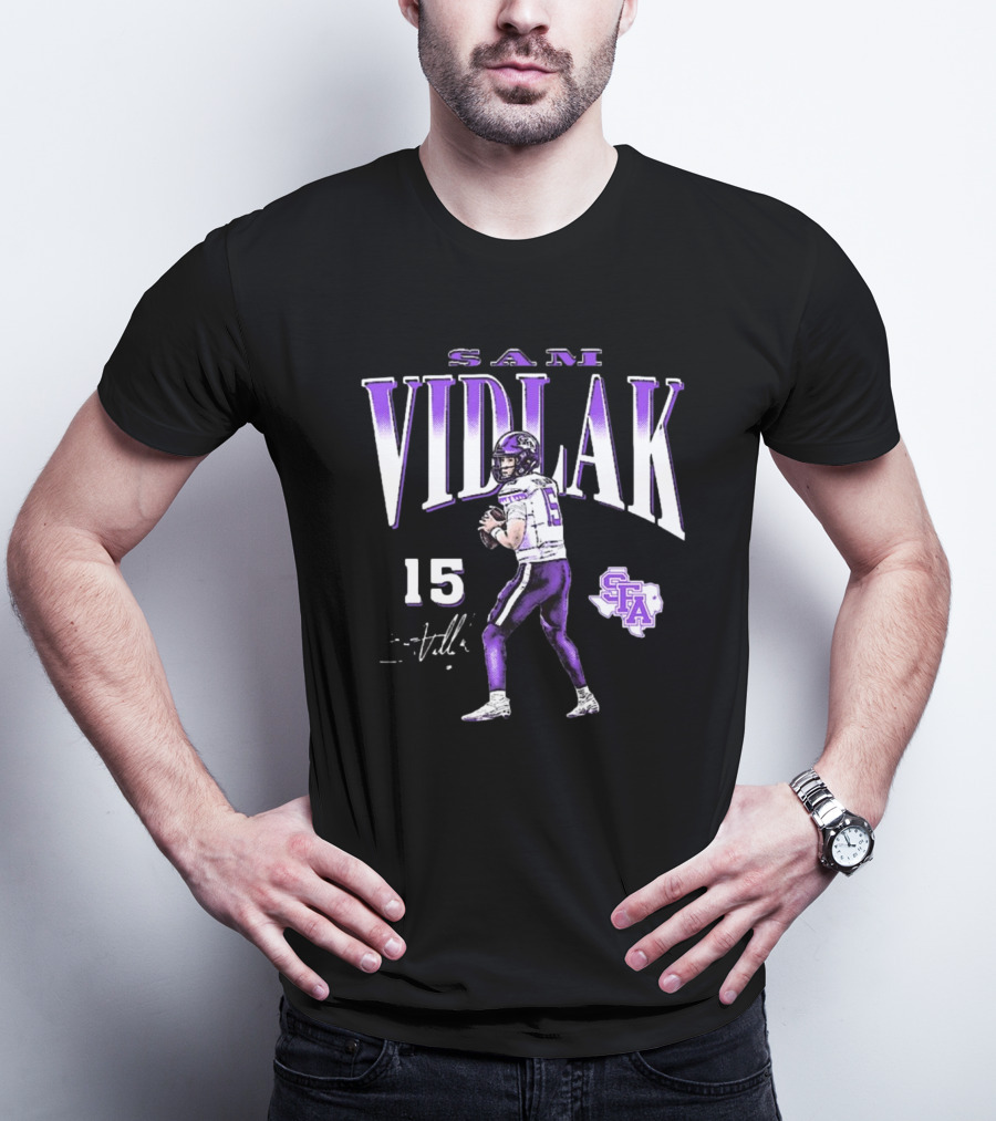 Sam Vidlak 15 SFA Stephen F. Austin Lumberjacks Football Cartoon Signature T-Shirt