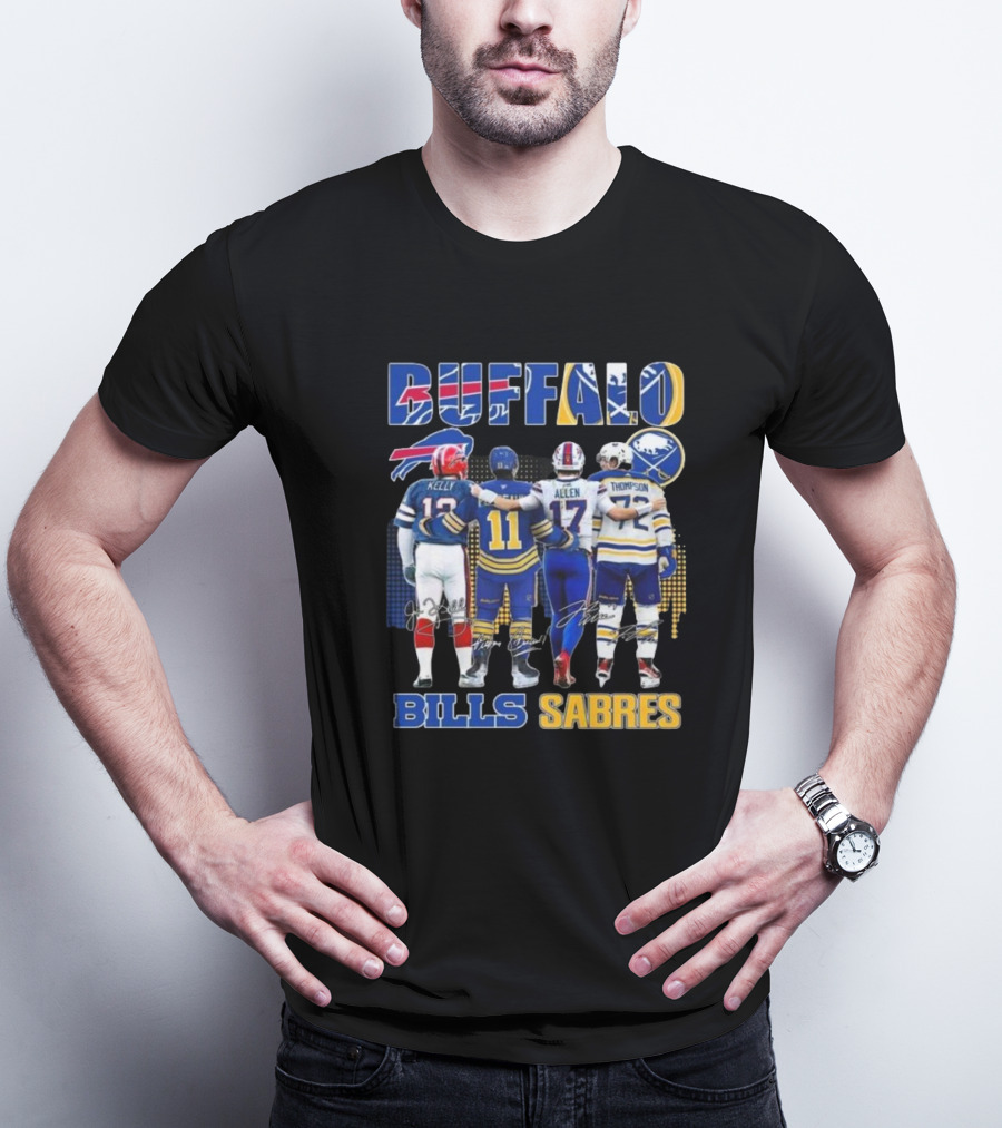 Buffalo Bills Sabres Josh Allen Jim Kelly Gilbert Perreault Tage Thompson Signatures T-Shirt