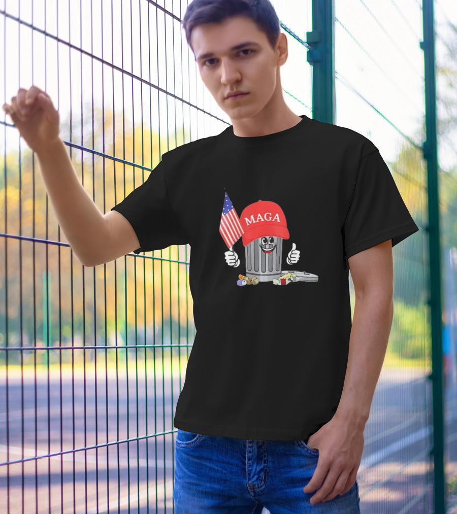 MAGA Hat Wearing Garbage Can Giving Thumbs Up Holding American Flag T-Shirt
