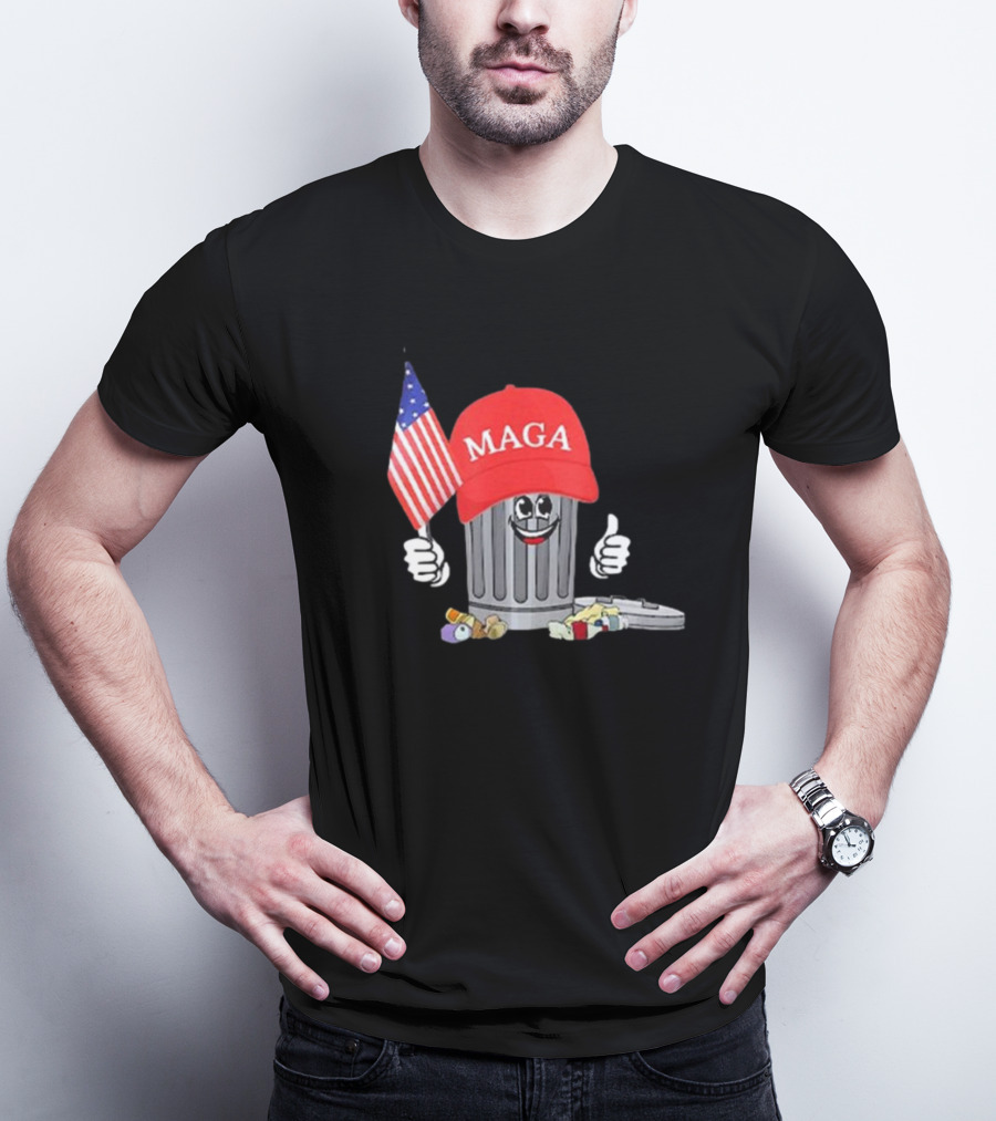MAGA Hat Wearing Garbage Can Giving Thumbs Up Holding American Flag T-Shirt