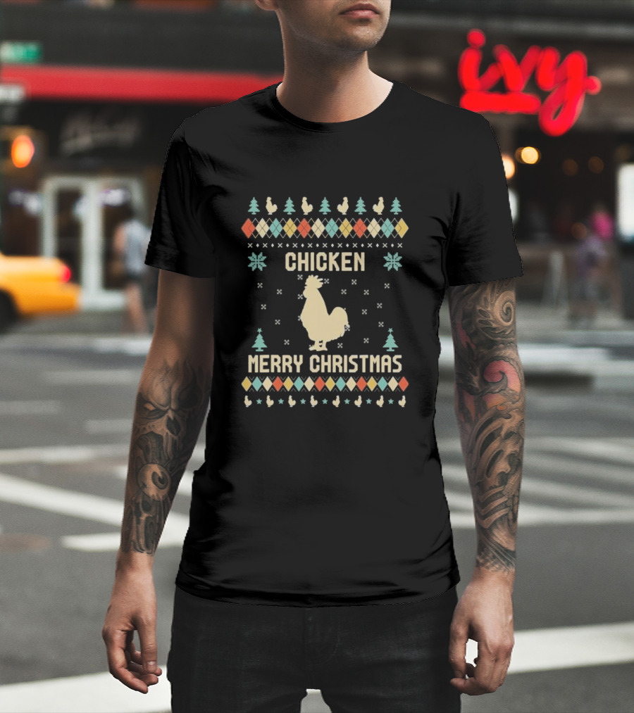 Chicken Merry Christmas Rooster Ugly Christmas Sweater Holiday Trees T-Shirt