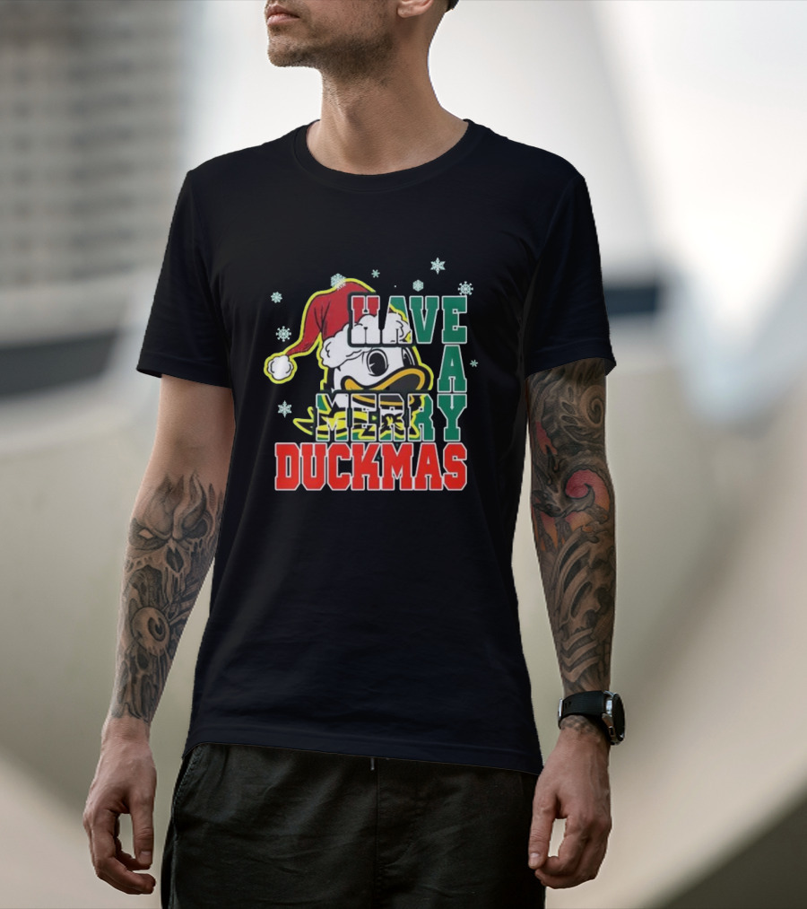 Oregon Ducks Have A Merry Duckmas Santa Hat Logo Snowflakes T-Shirt