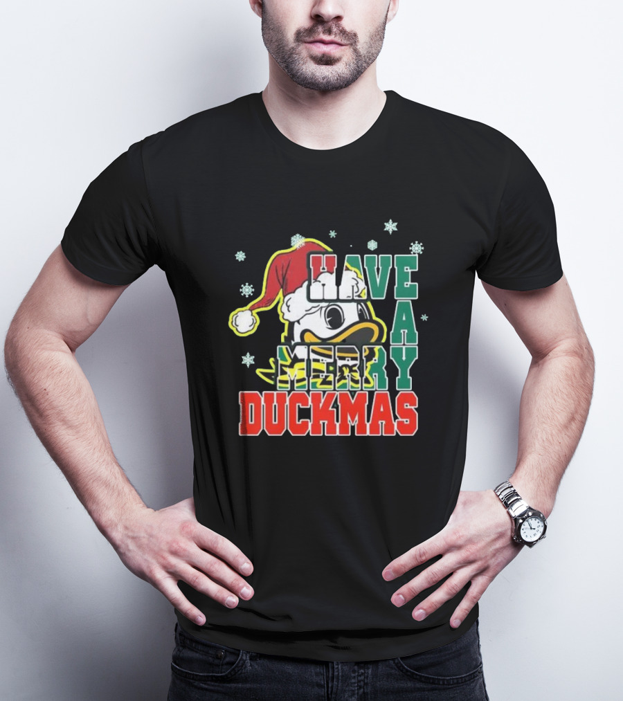 Oregon Ducks Have A Merry Duckmas Santa Hat Logo Snowflakes T-Shirt