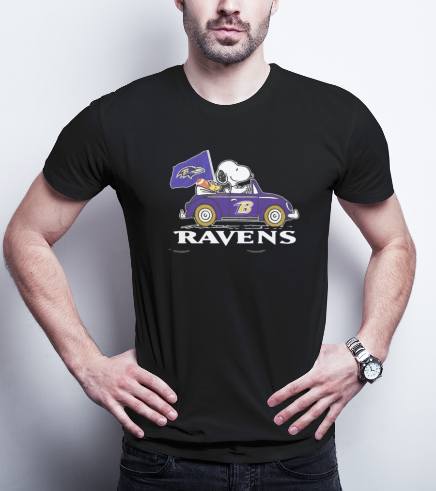 Snoopy Woodstock Driving Baltimore Ravens Car T-Shirt