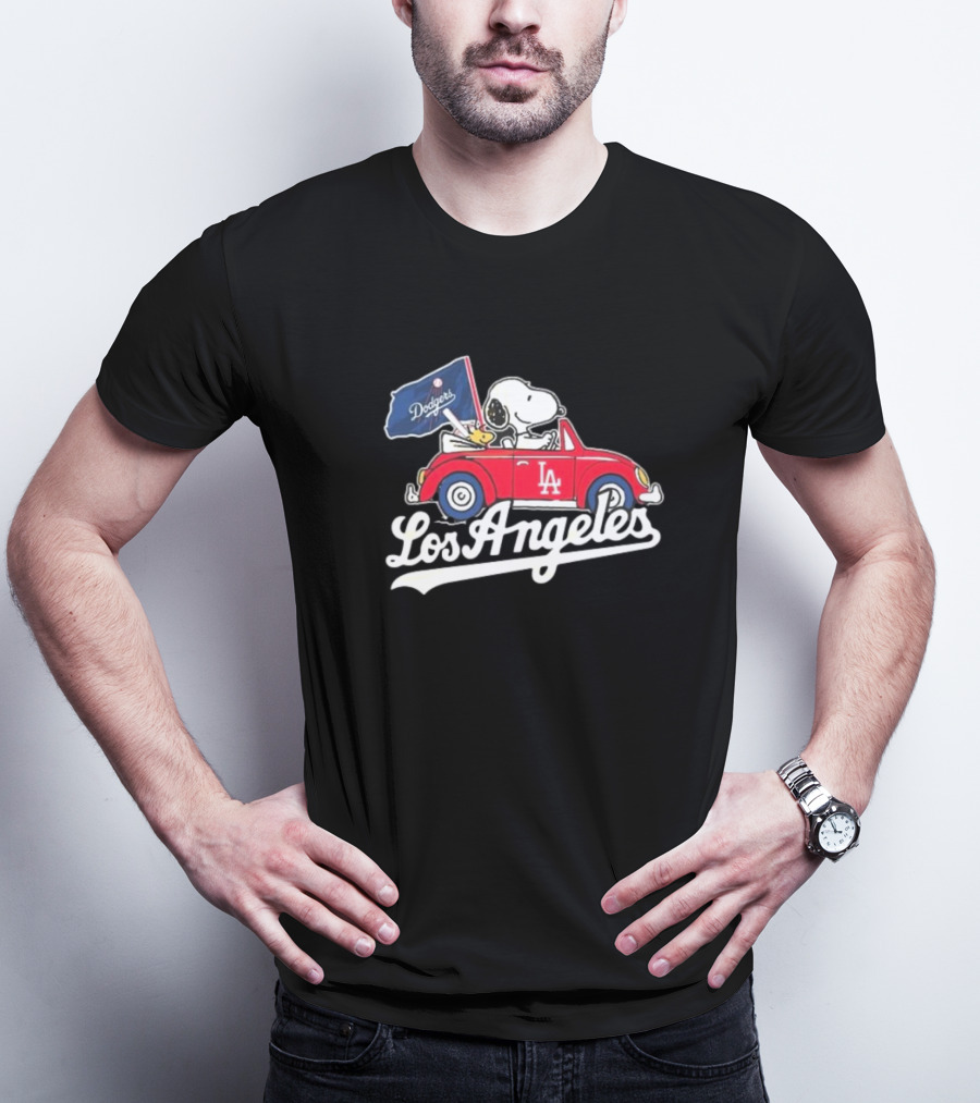 Snoopy Woodstock Driving Car Los Angeles Dodgers Flag T-Shirt