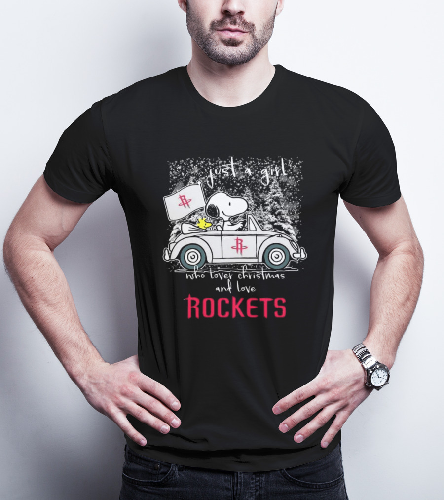 Just A Girl Who Loves Christmas And Houston Rockets Snoopy Woodstock Peanuts NBA T-Shirt