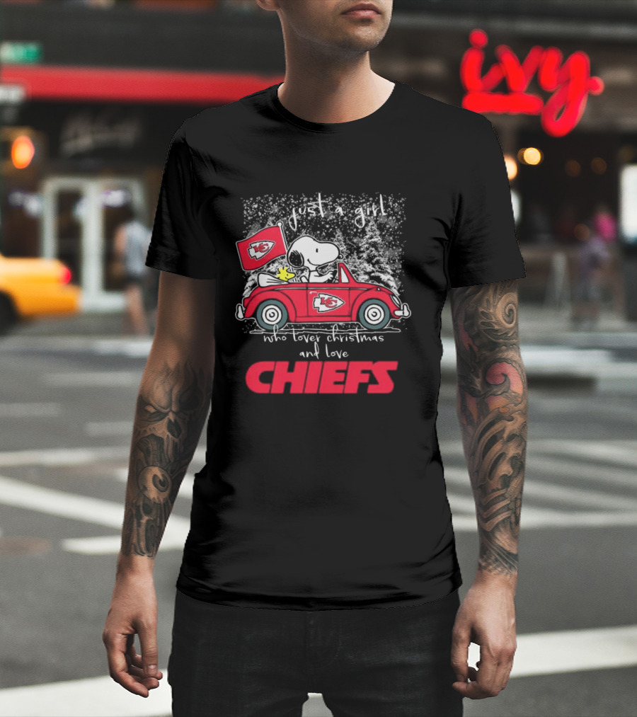 Snoopy Woodstock Peanuts Just A Girl Who Loves Christmas And Kansas City Chiefs T-Shirt
