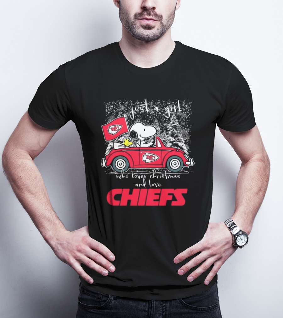 Snoopy Woodstock Peanuts Just A Girl Who Loves Christmas And Kansas City Chiefs T-Shirt