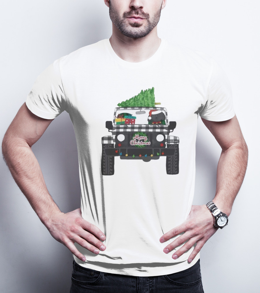 Merry Christmas Black Buffalo Plaid Jeep With Cartoon Labradoodle And Tree T-Shirt