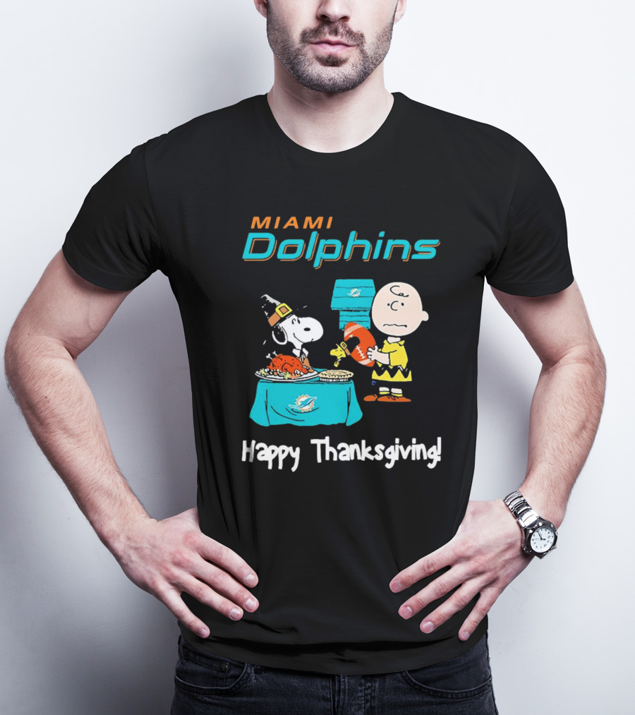 Miami Dolphins Peanuts NFL Football Happy Thanksgiving T-Shirt