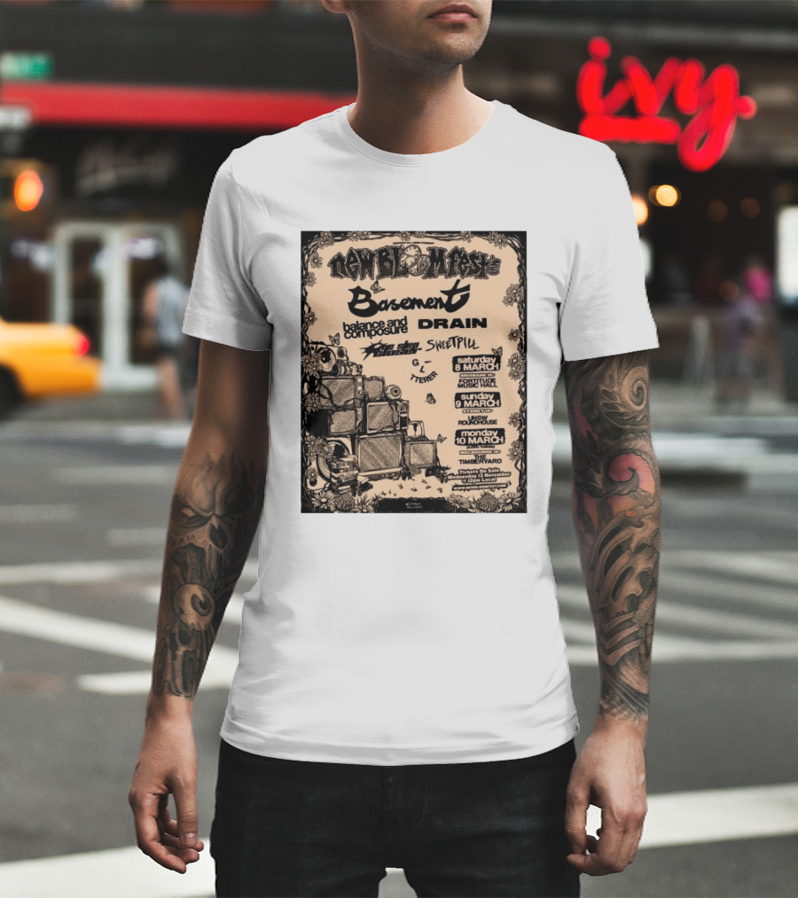 New Bloom Fest 2025 Basement Balance And Composure Drain Turnover Live Concert March 8-10 T-Shirt