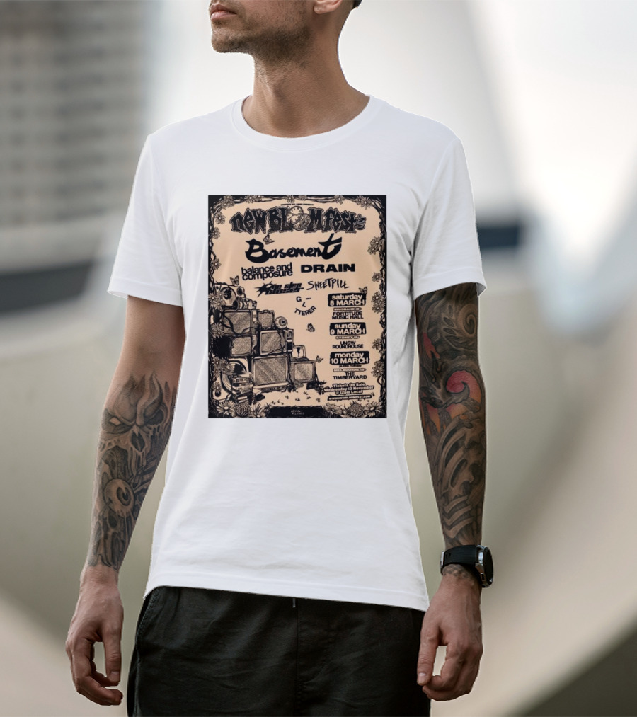 New Bloom Fest 2025 Basement Balance And Composure Drain Turnover Live Concert March 8-10 T-Shirt