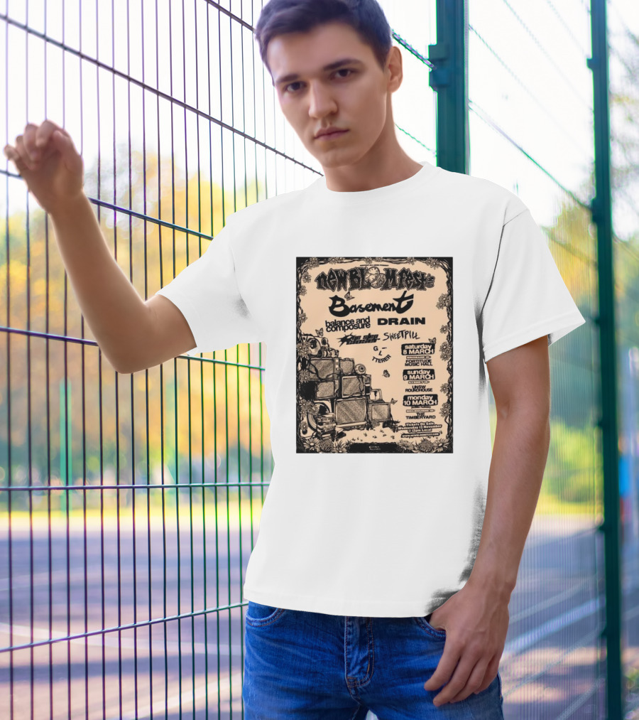 New Bloom Fest 2025 Basement Balance And Composure Drain Turnover Live Concert March 8-10 T-Shirt