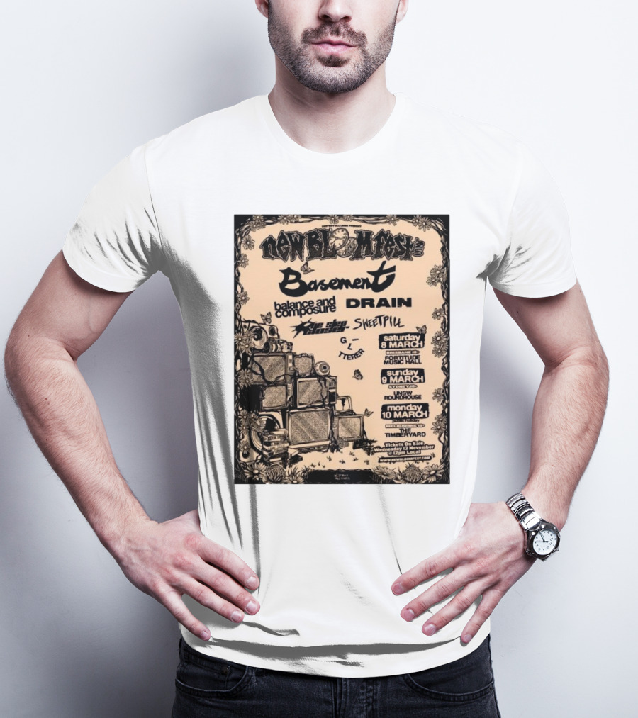 New Bloom Fest 2025 Basement Balance And Composure Drain Turnover Live Concert March 8-10 T-Shirt