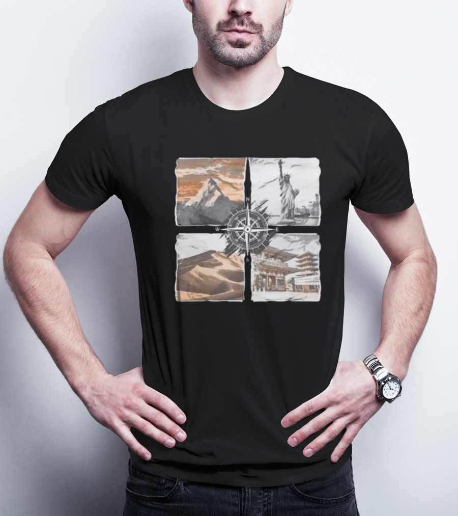 Dads Being Dudes Live Your Life Vintage Mountain Dunes Statue Of Liberty Pagoda Compass T-Shirt