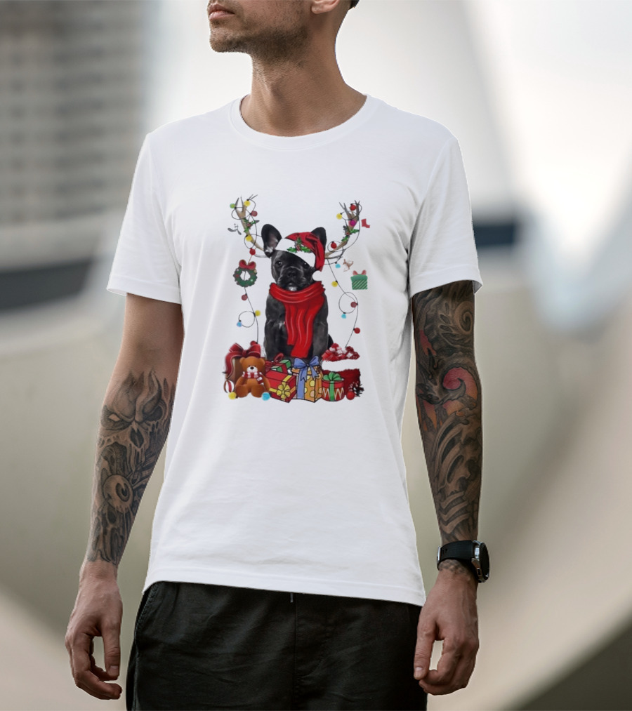 French Bulldog With Santa Hat Reindeer Antlers Xmas Lights And Gifts Merry Christmas T-Shirt