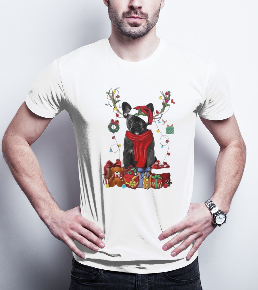 French Bulldog With Santa Hat Reindeer Antlers Xmas Lights And Gifts Merry Christmas T-Shirt