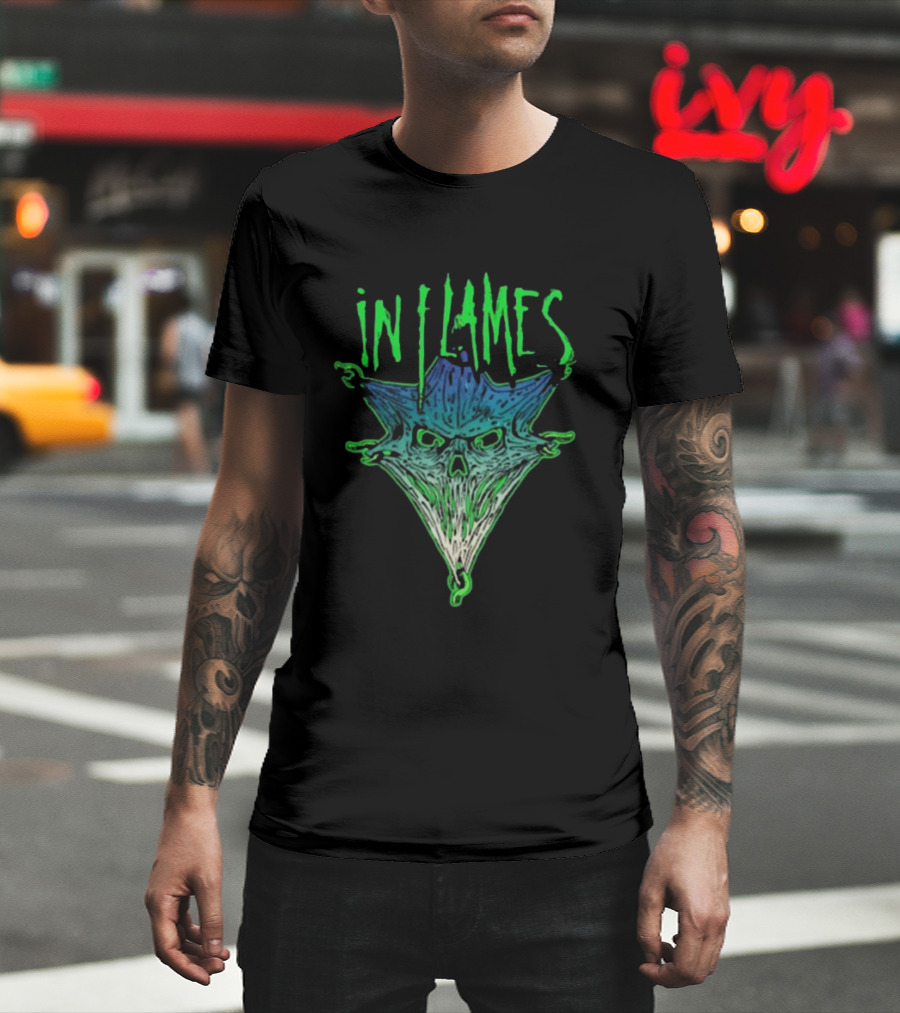 In Flames Pierced Jester Skull Face T-Shirt