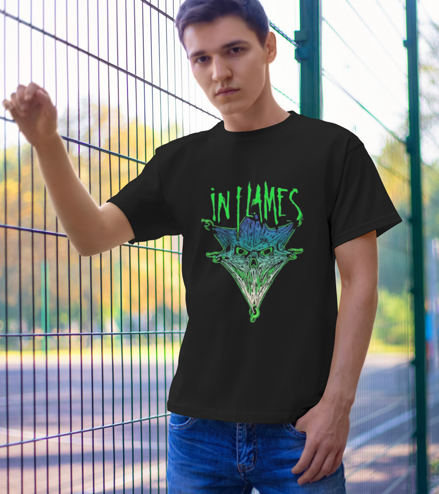 In Flames Pierced Jester Skull Face T-Shirt