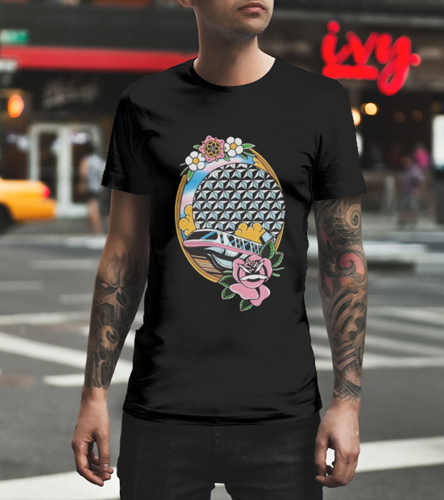 The Lost Bros Monorail Spaceship Earth Tattoo Style Floral T-Shirt