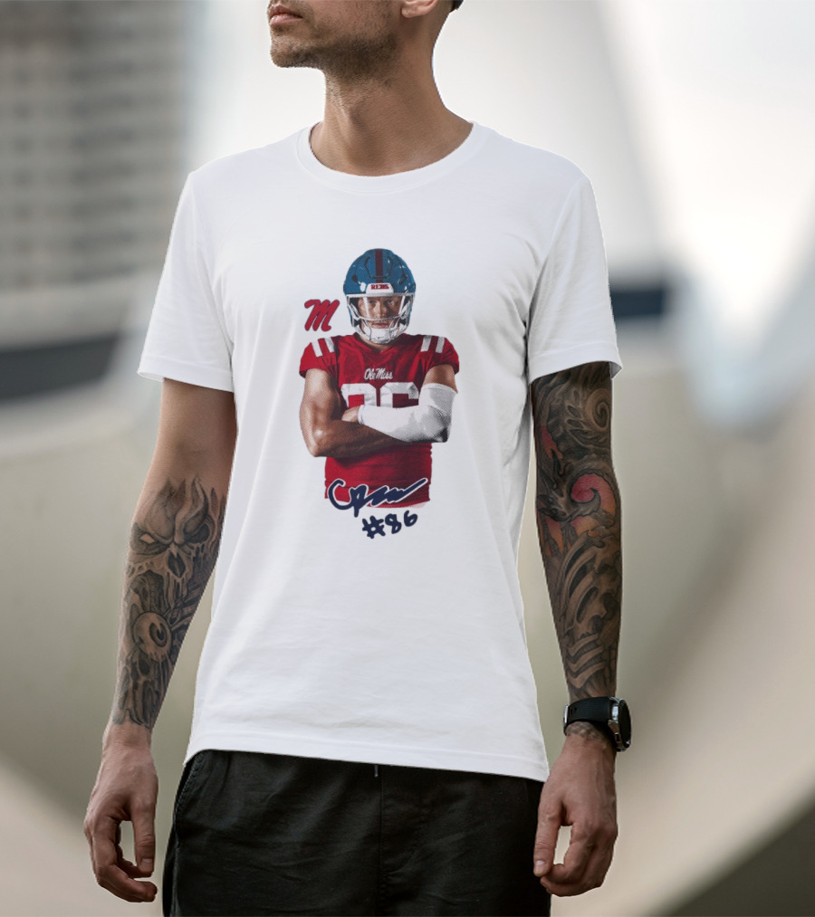 Caden Prieskorn Ole Miss Rebels #86 Signature Portrait M T-Shirt