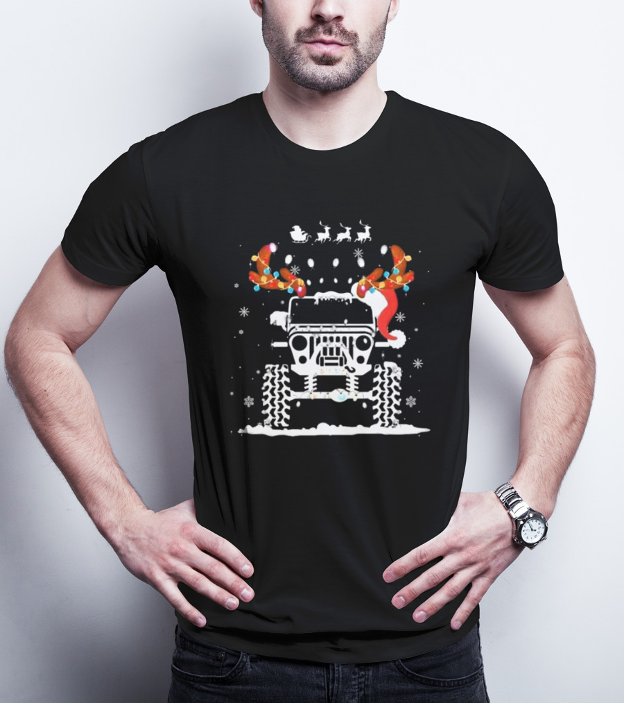 Jeep Reindeer Antlers Santa Sleigh Christmas Lights T-Shirt