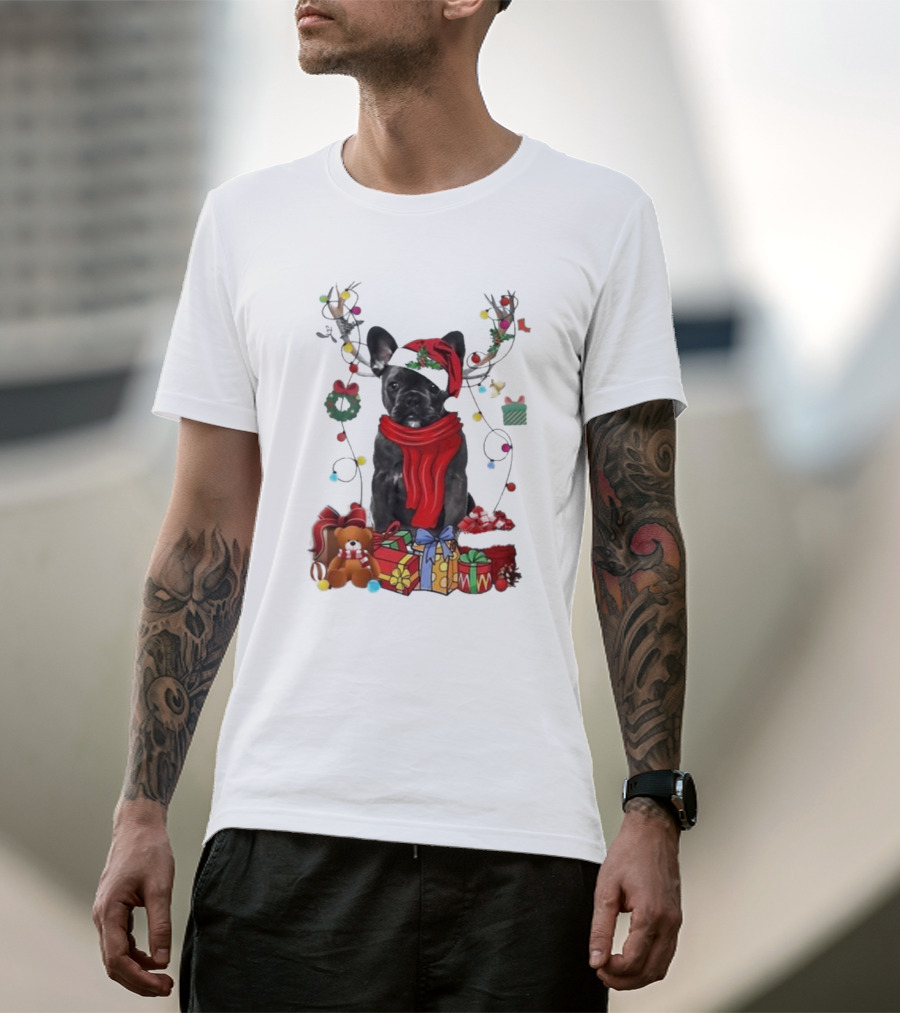 French Bulldog Reindeer Christmas Lights Merry Christmas Wreath Gifts T-Shirt