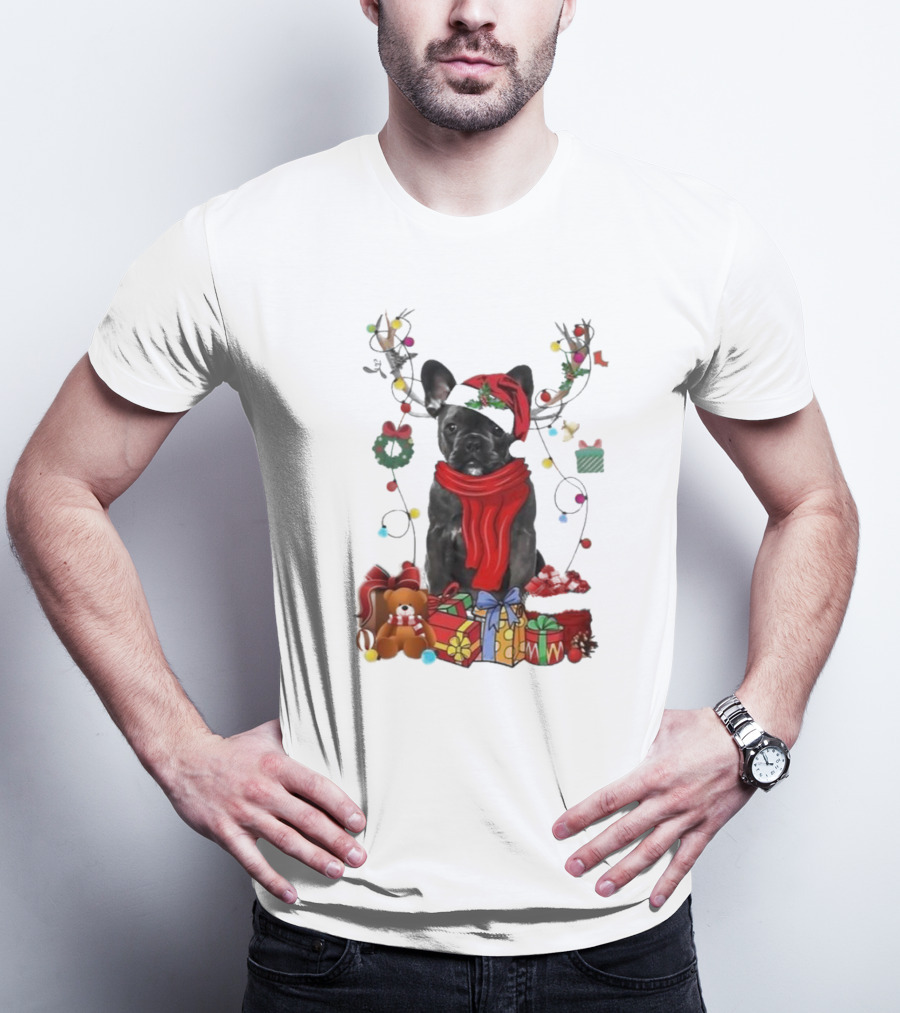 French Bulldog Reindeer Christmas Lights Merry Christmas Wreath Gifts T-Shirt