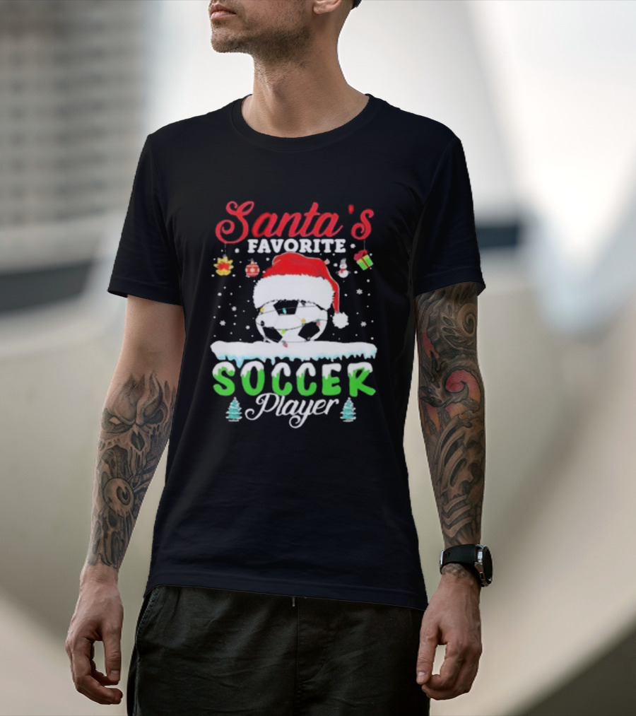 Santa's Favorite Soccer Player Christmas Football Soccer Ball Santa Hat Snowflakes T-Shirt