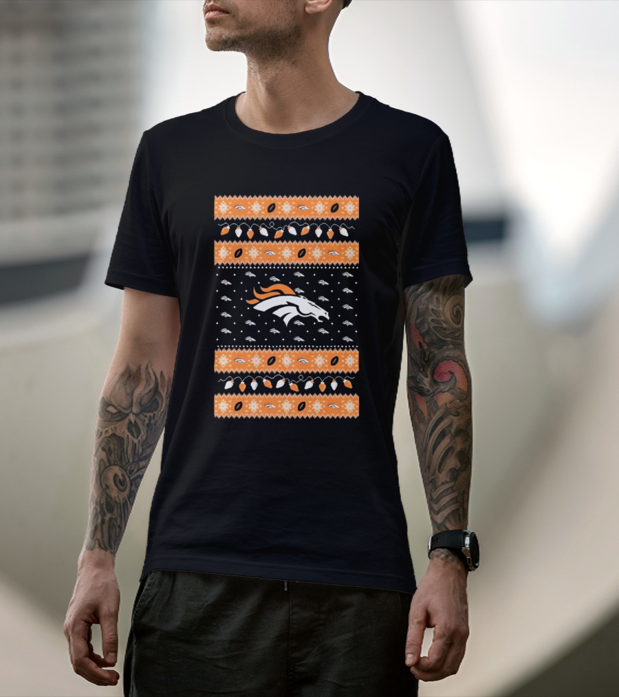 Denver Broncos NFL Ugly Sweater Holiday Lights Christmas T-Shirt
