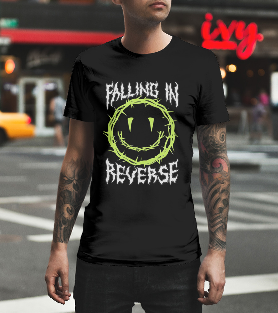 Falling In Reverse Smiley Face With Green Thorn Outline T-Shirt