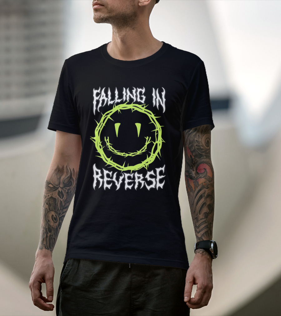 Falling In Reverse Smiley Face With Green Thorn Outline T-Shirt