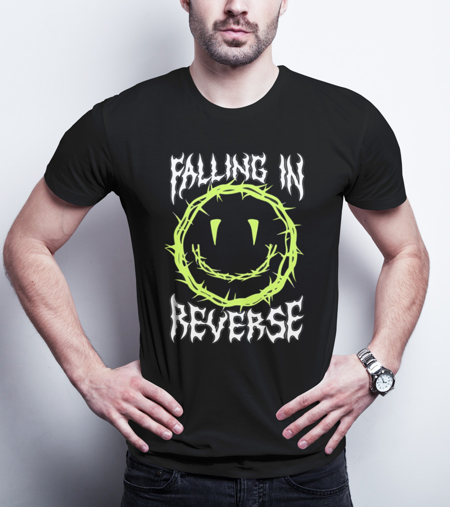 Falling In Reverse Smiley Face With Green Thorn Outline T-Shirt