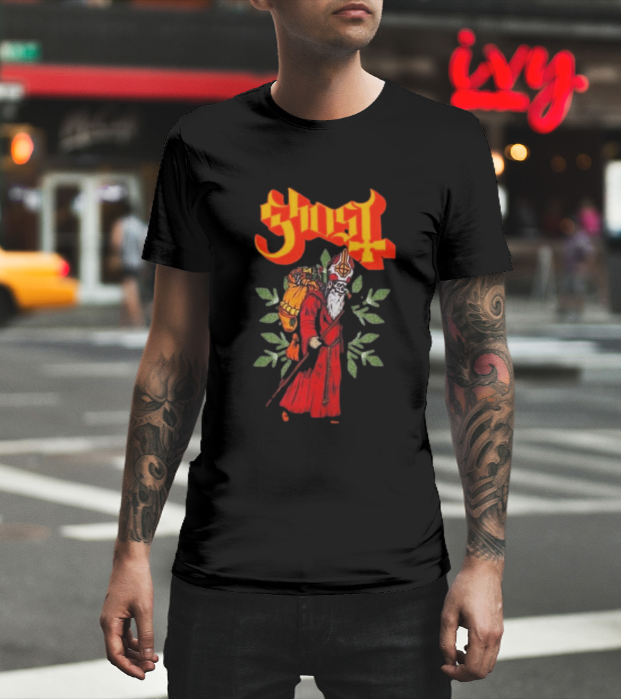 Ghost Papa Noel Glitter Leaf Santa Clausal Graphic Red Robe Relaxed Fit Girls T-Shirt