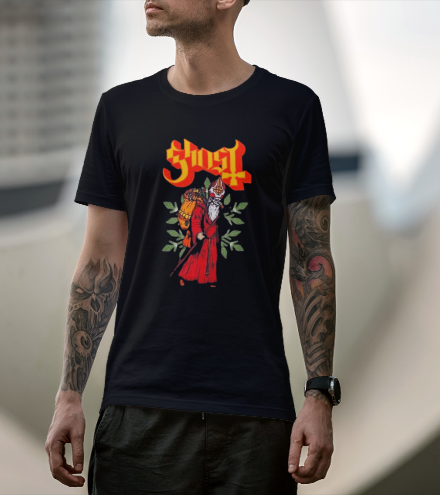 Ghost Papa Noel Glitter Leaf Santa Clausal Graphic Red Robe Relaxed Fit Girls T-Shirt