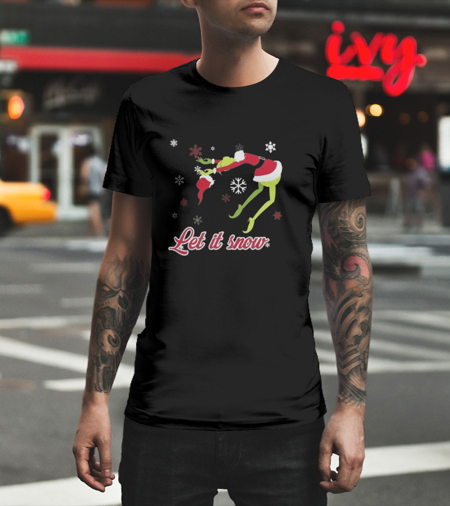 Let It Snow Grinch In Santa Costume With Snowflakes T-Shirt