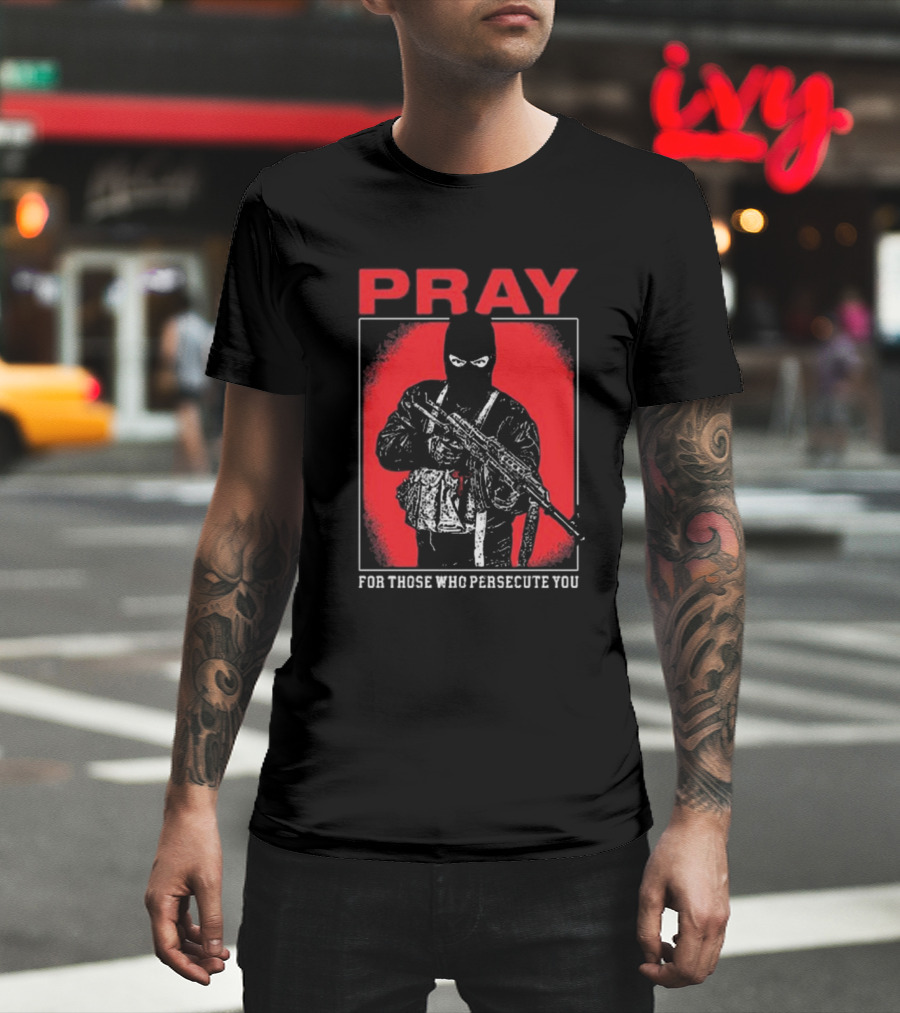 Ritualprintslc Shayne Smith Pray For Those Who Persecute You Masked Figure With Rifle In Red And Black T-Shirt