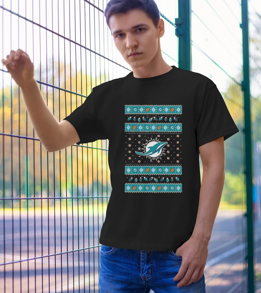 Miami Dolphins NFL Holiday Lights Ugly Sweater Christmas Football T-Shirt