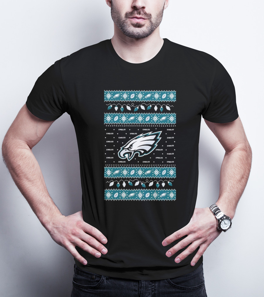Philadelphia Eagles NFL Holiday Lights Ugly Sweater Christmas Eagles Logo Pattern T-Shirt