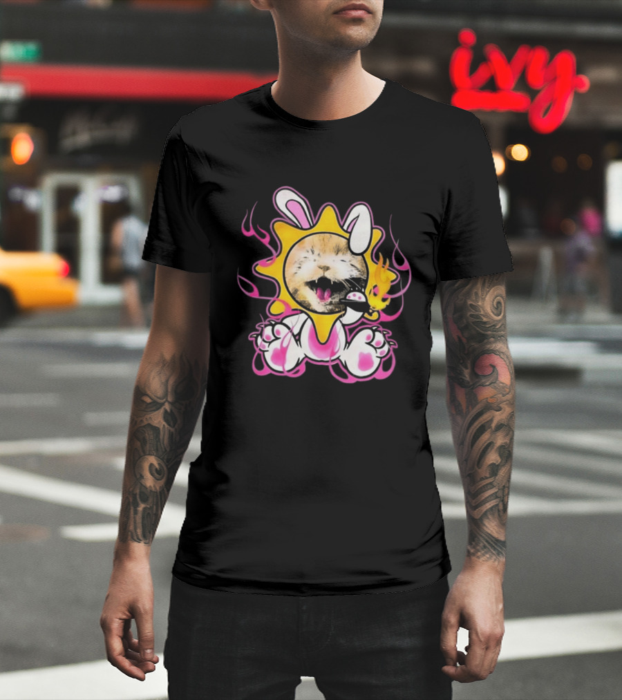 Praiseche Cat Sunburst Bunny Ears Pink Flames T-Shirt