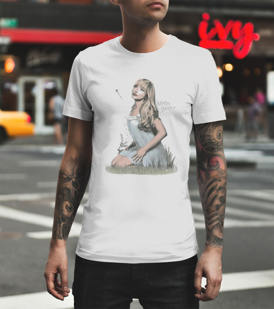 Sabrina Carpenter Sitting In Grass With Sparkle Wand And Flowing Hair T-Shirt