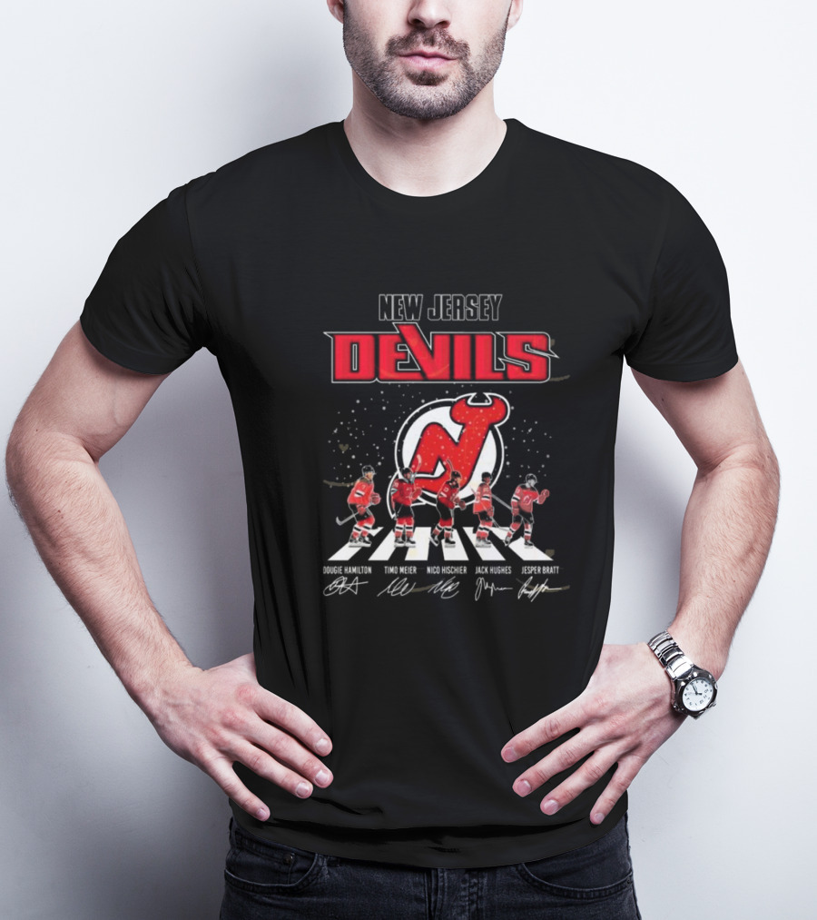 New Jersey Devils Dougie Hamilton Timo Meier Nico Hischier Jack Hughes Jesper Bratt Walking Signatures T-Shirt
