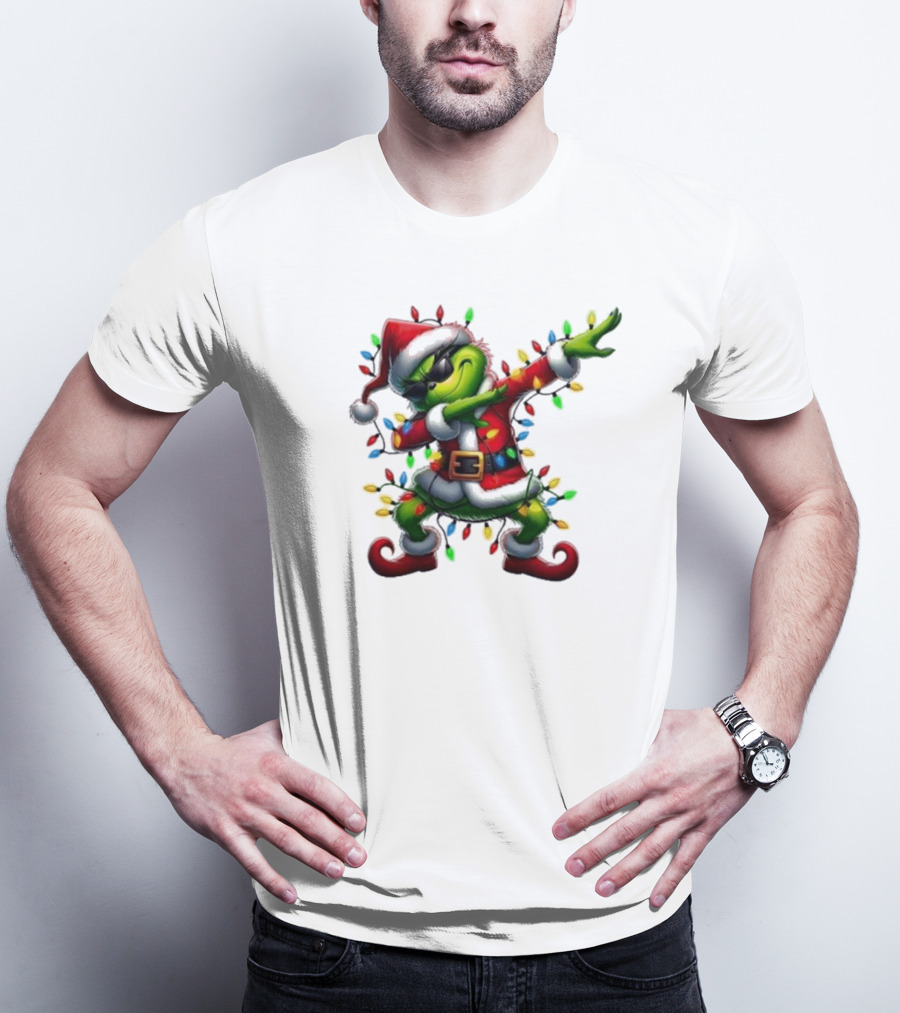 Santa Grinch Dabbing Festive Lights Merry Christmas T-Shirt