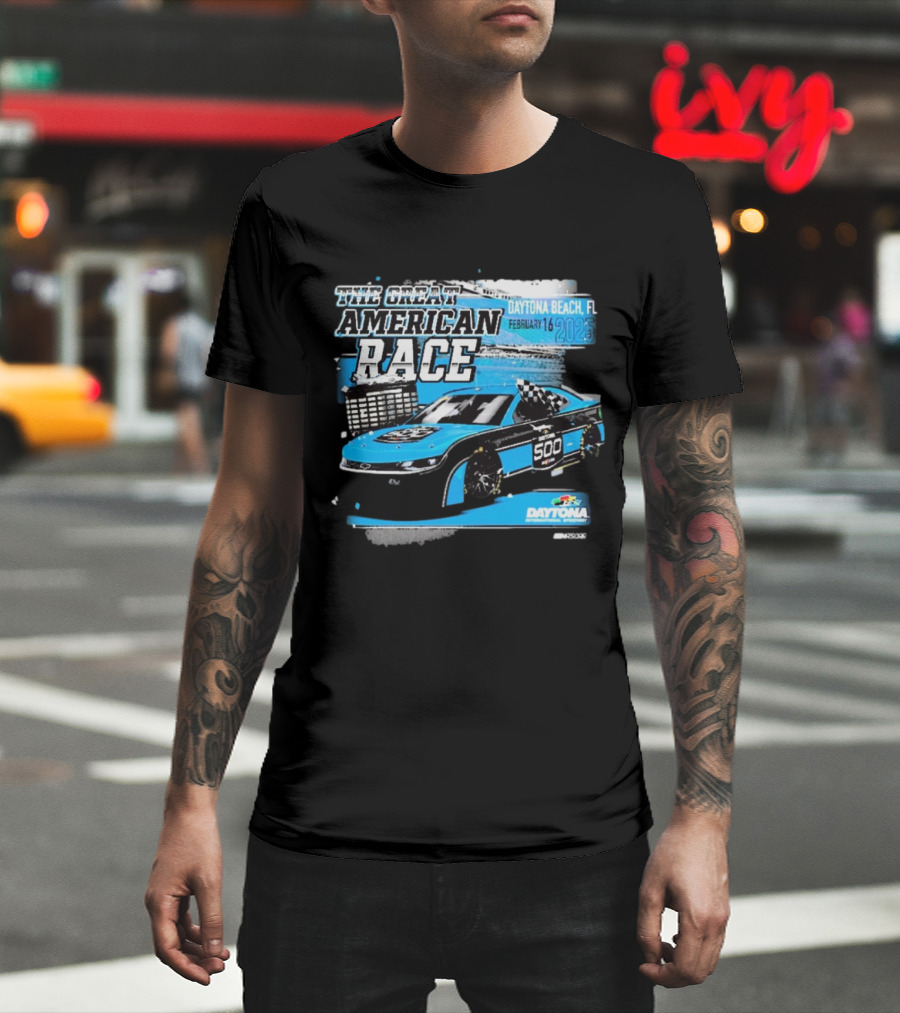 The Great American Race Daytona Beach February 16 2025 Daytona 500 Checkered Flag Sports Car T-Shirt