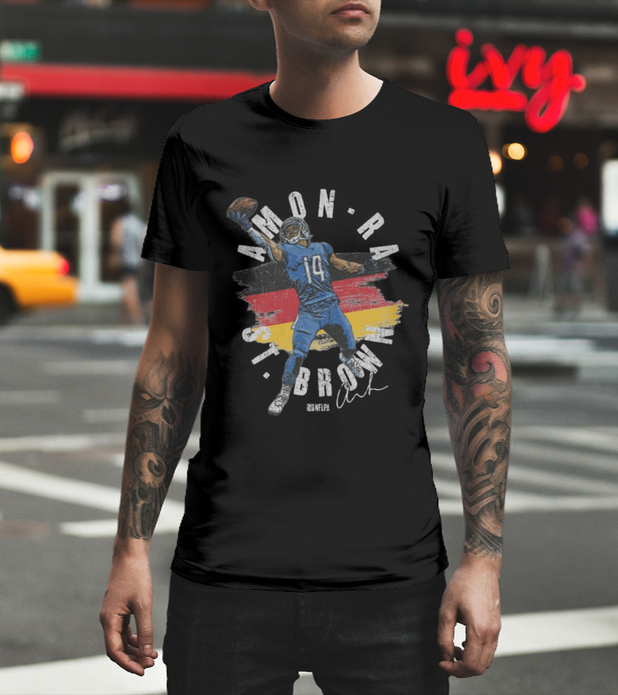 Amon-Ra St. Brown Detroit Lions NFLPA Germany Flag Signature 14 T-Shirt