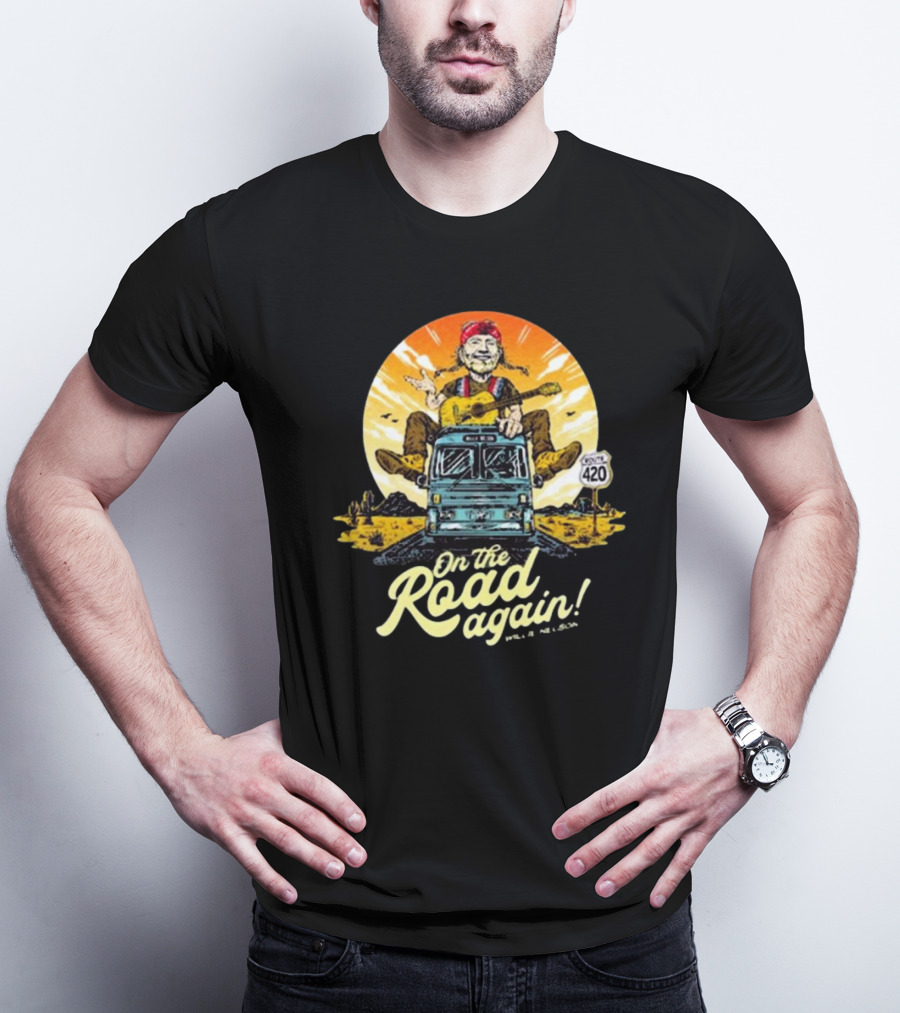 Willie Nelson On The Road Again Retro Route 420 Bus T-Shirt