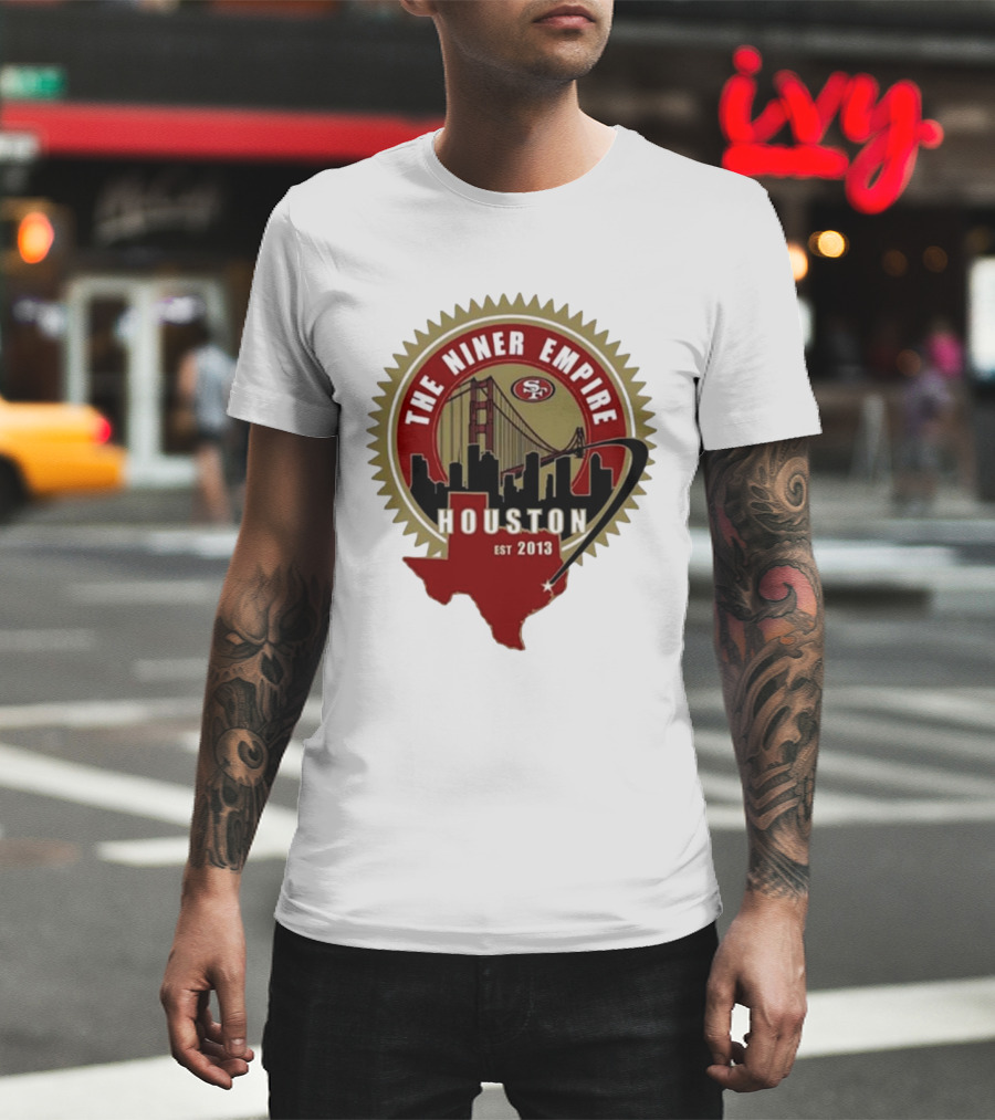 San Francisco 49ers NFL The Niner Empire Houston Est 2013 Golden Gate Bridge Skyline Badge T-Shirt